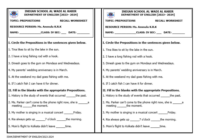 8100399-WS 1 - Prepositions - Recall Worksheet | PDF