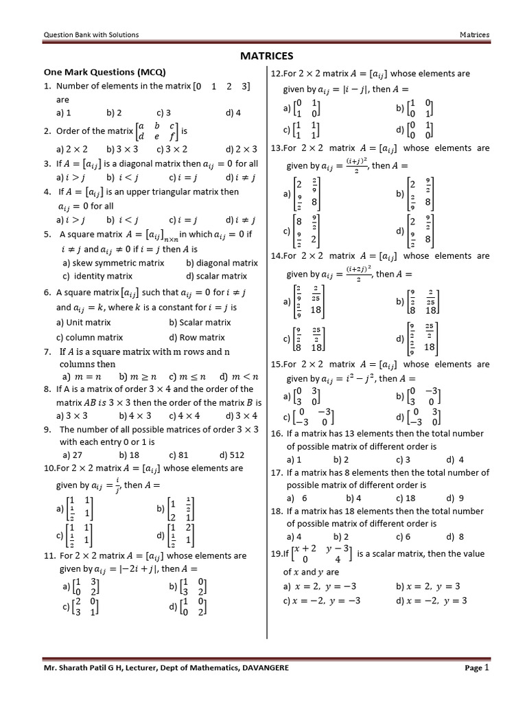 Matrices Question Bank with Solutions | PDF | Matrix (Mathematics ...