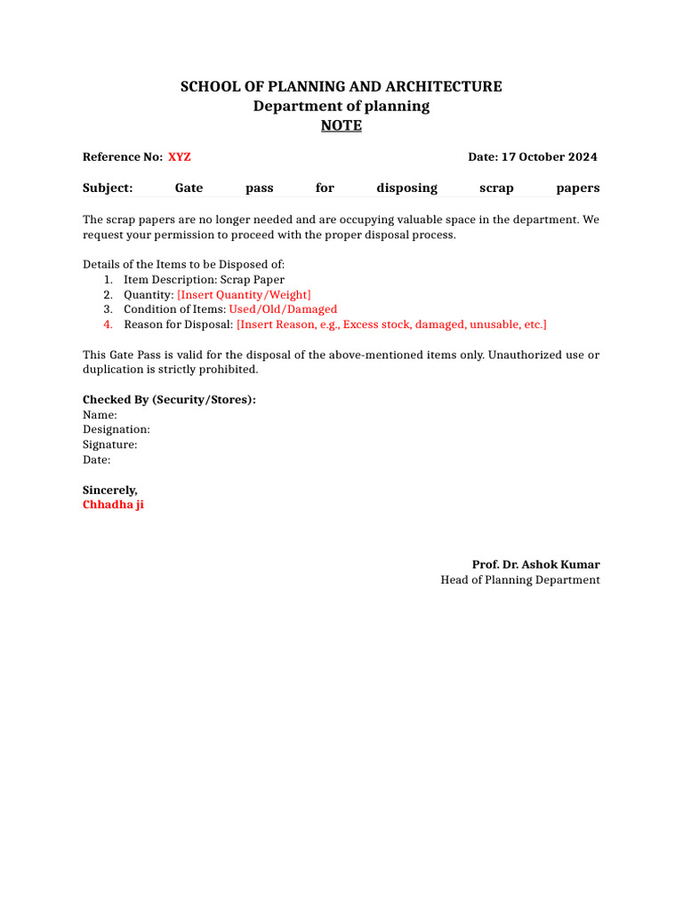 Scrap Paper Disposal Gate Pass Request | PDF