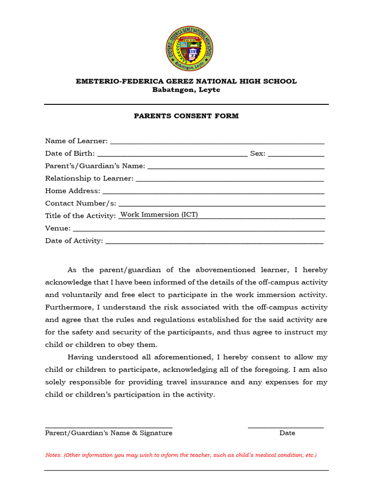 Parents Permit Work Immersion | PDF