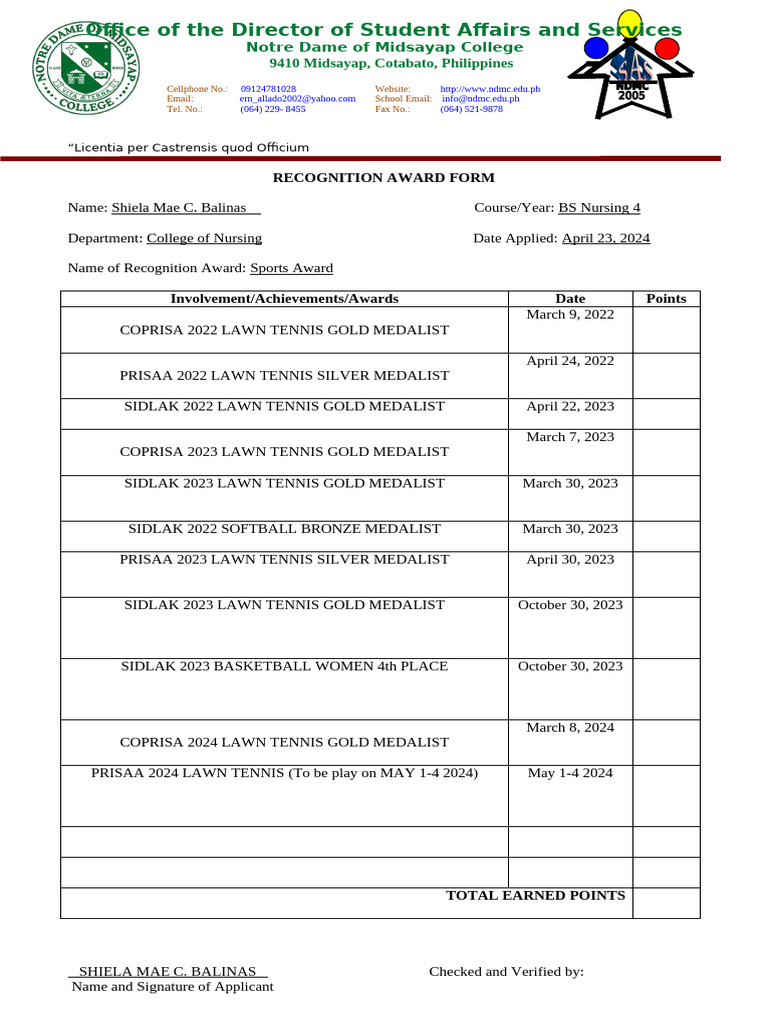 Sports Award Recognition Form | PDF