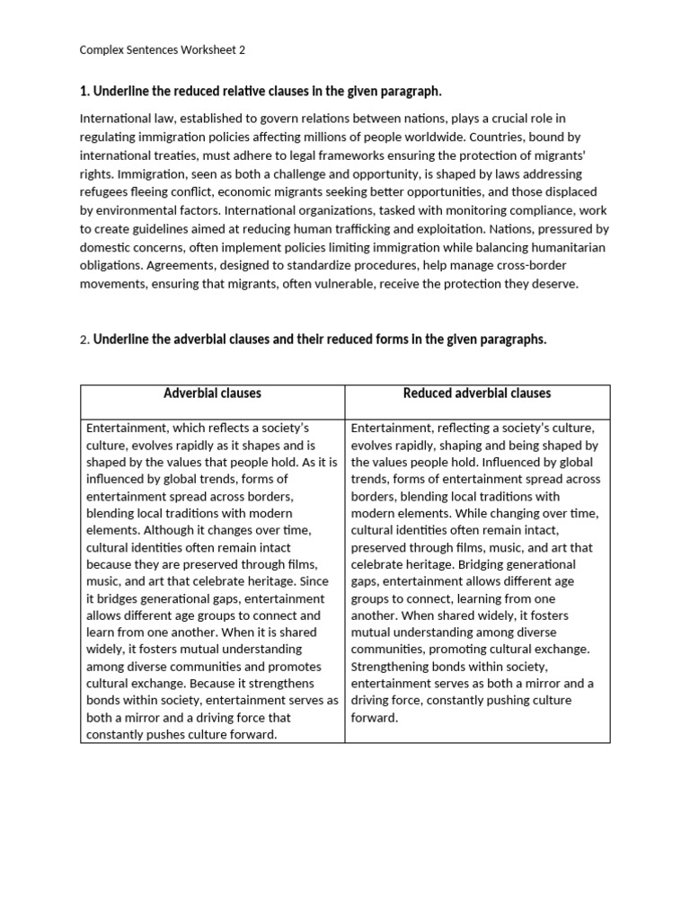 Complex Sentences Worksheet 2 | PDF | Immigration | Policy