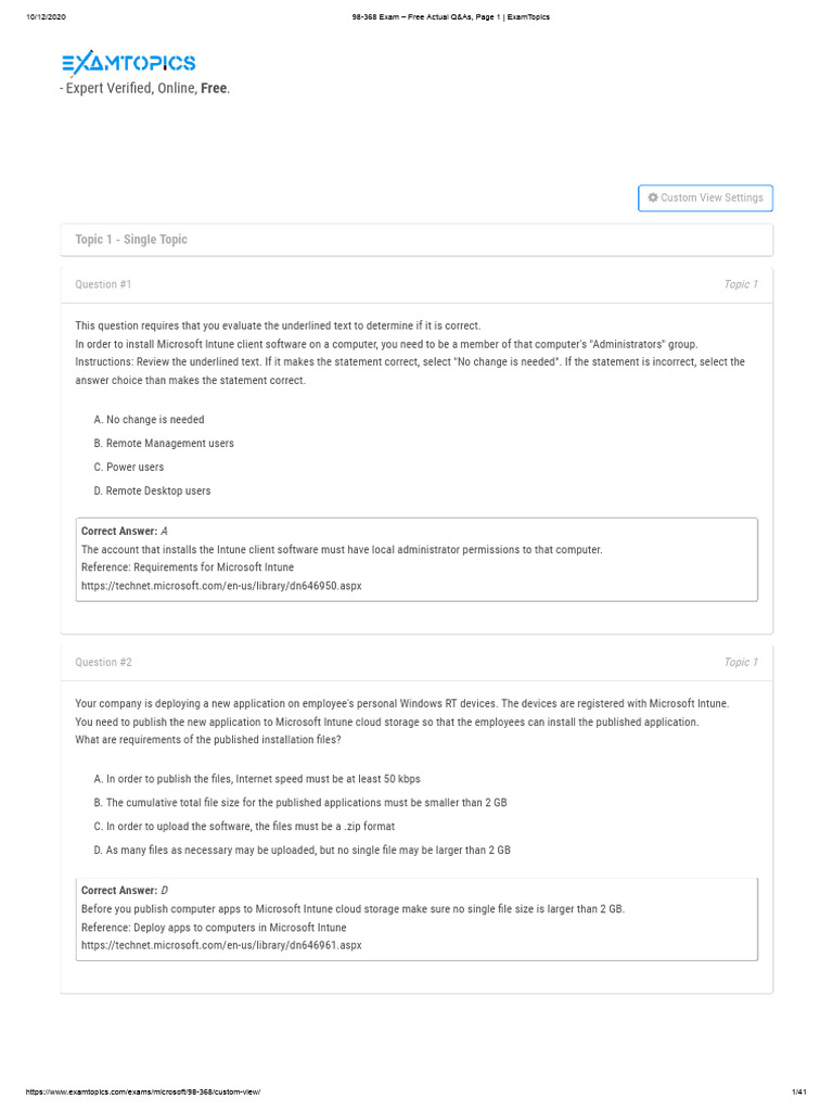 98-368 Exam - Free Actual Q&As, Page 1 - ExamTopics | PDF | Remote Desktop Services | Microsoft ...