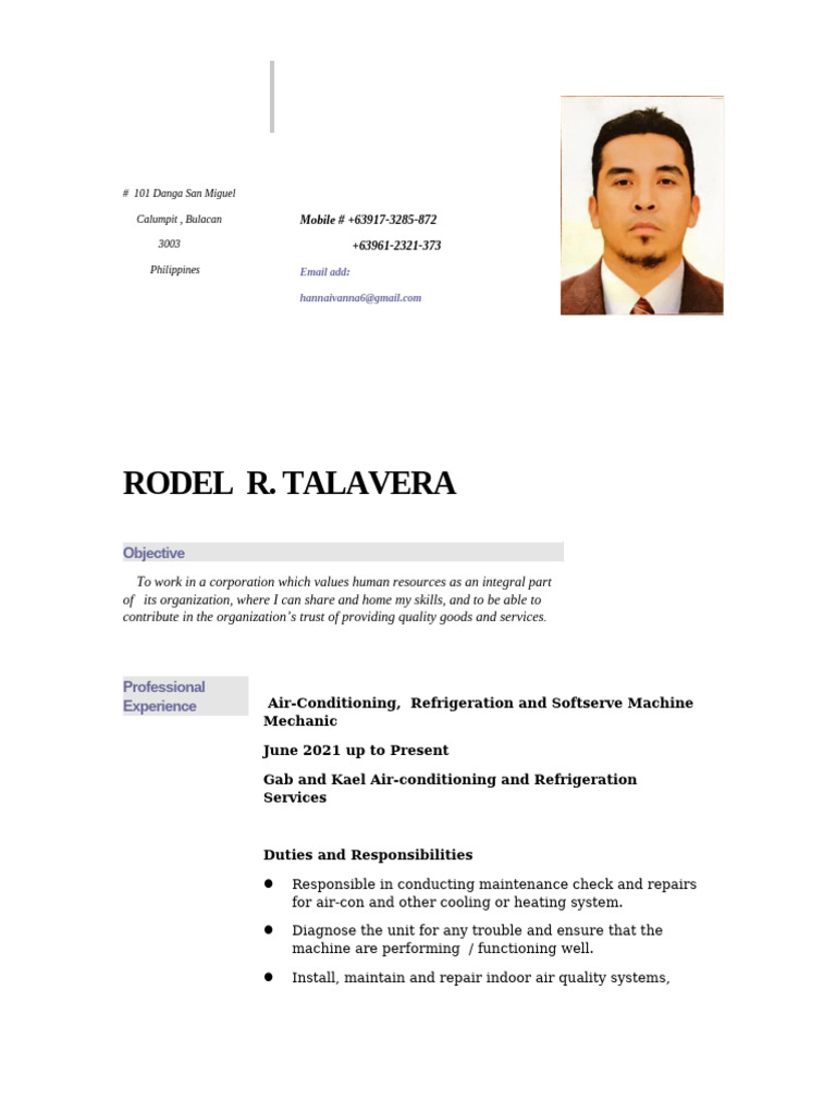 Rodel R Talavera - Resume | PDF | Refrigerator | Air Conditioning