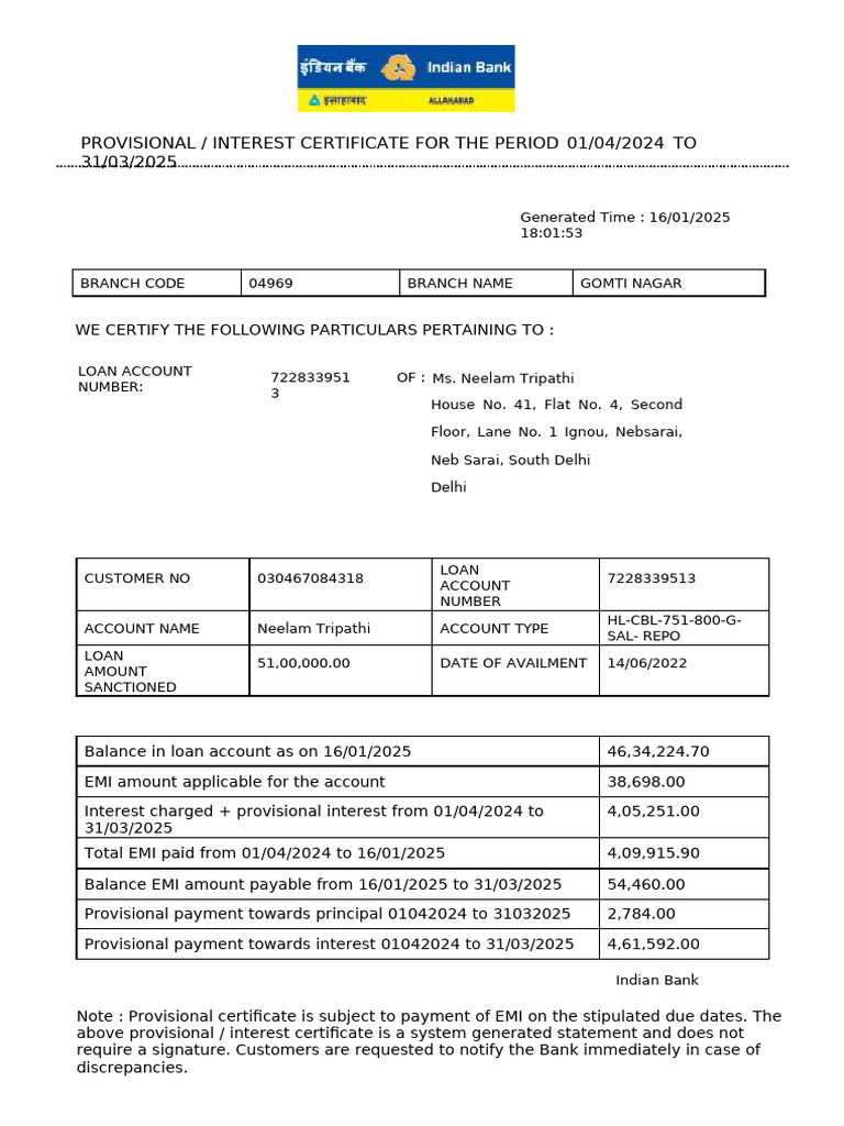 Home Loan Provisional Interest Certificate - 16-01-2025 18 - 02 - 04 | PDF