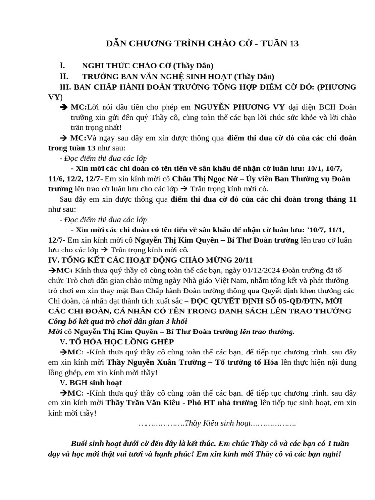 Dẫn chương trình SHDC Tuần 13 | PDF