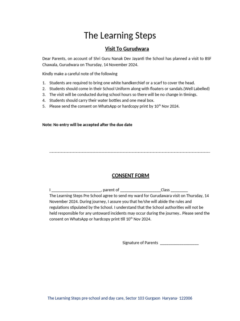 Gurudwara Visit Consent for Students | PDF