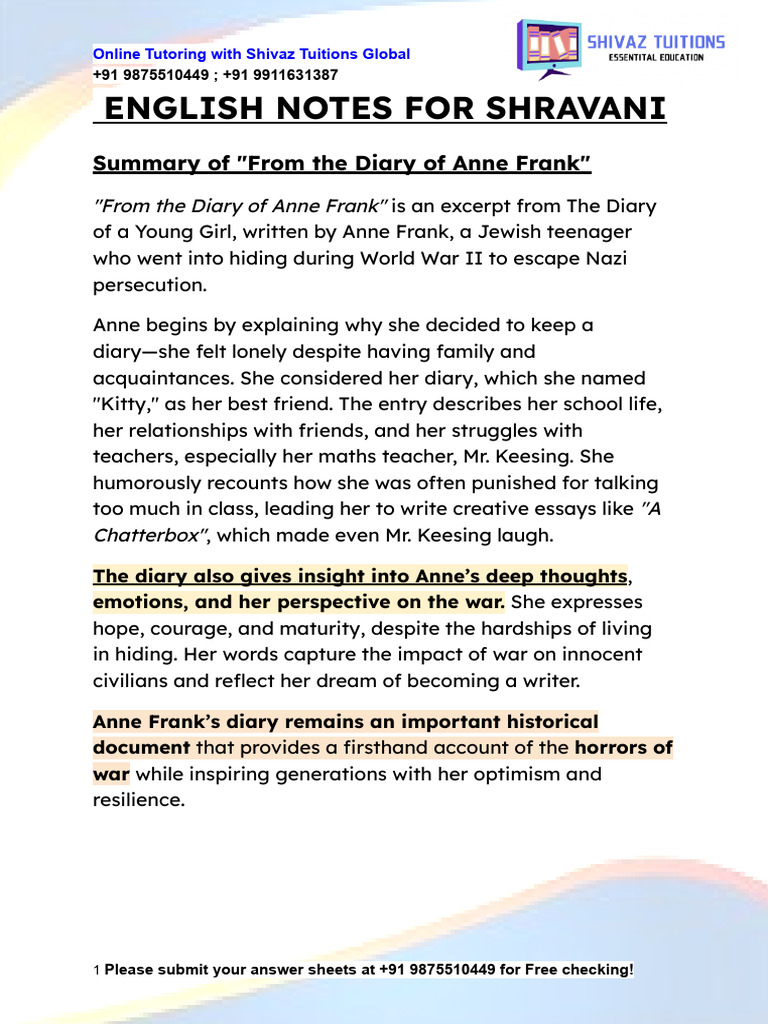 ANNE FRANK NOTES | PDF | Anne Frank | Diary