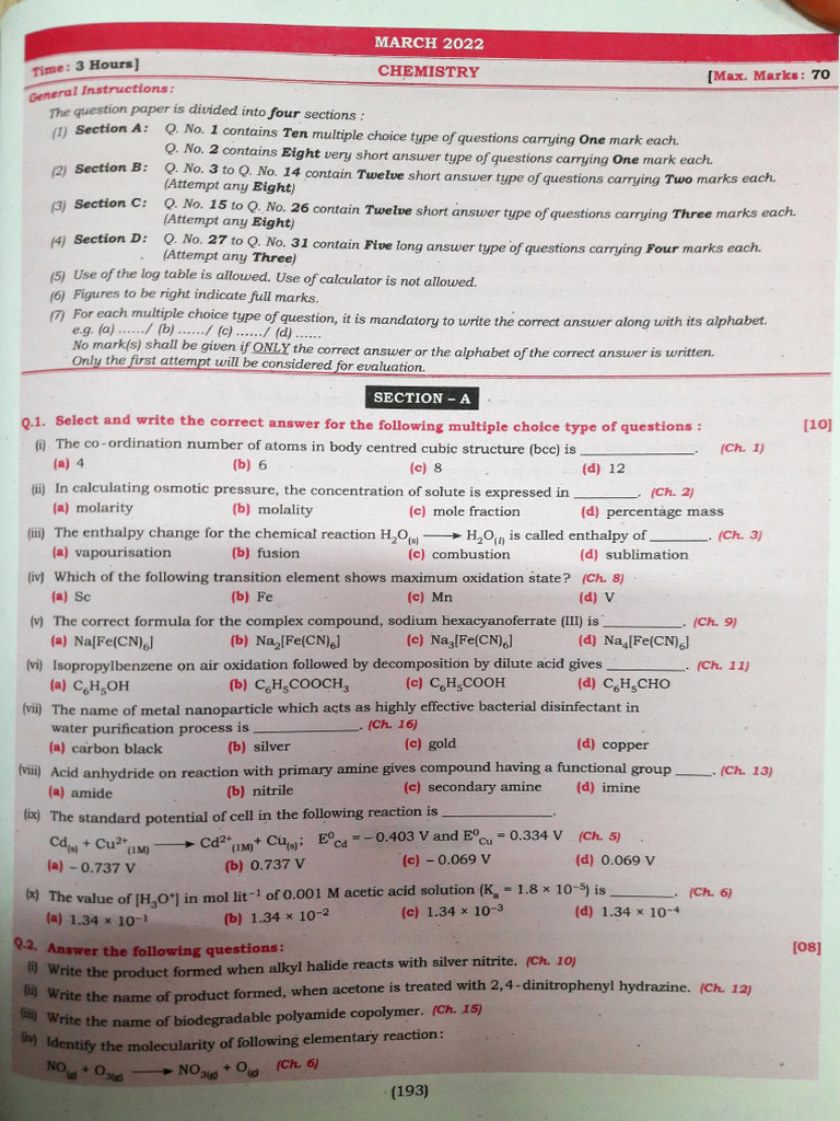Chemistry Question Paper March 2022 | PDF | Sodium | Chemical Reactions