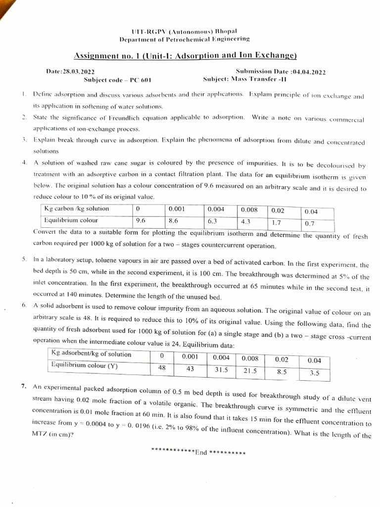 Mass Transfer 2 Assignment | PDF | Adsorption | Ion Exchange