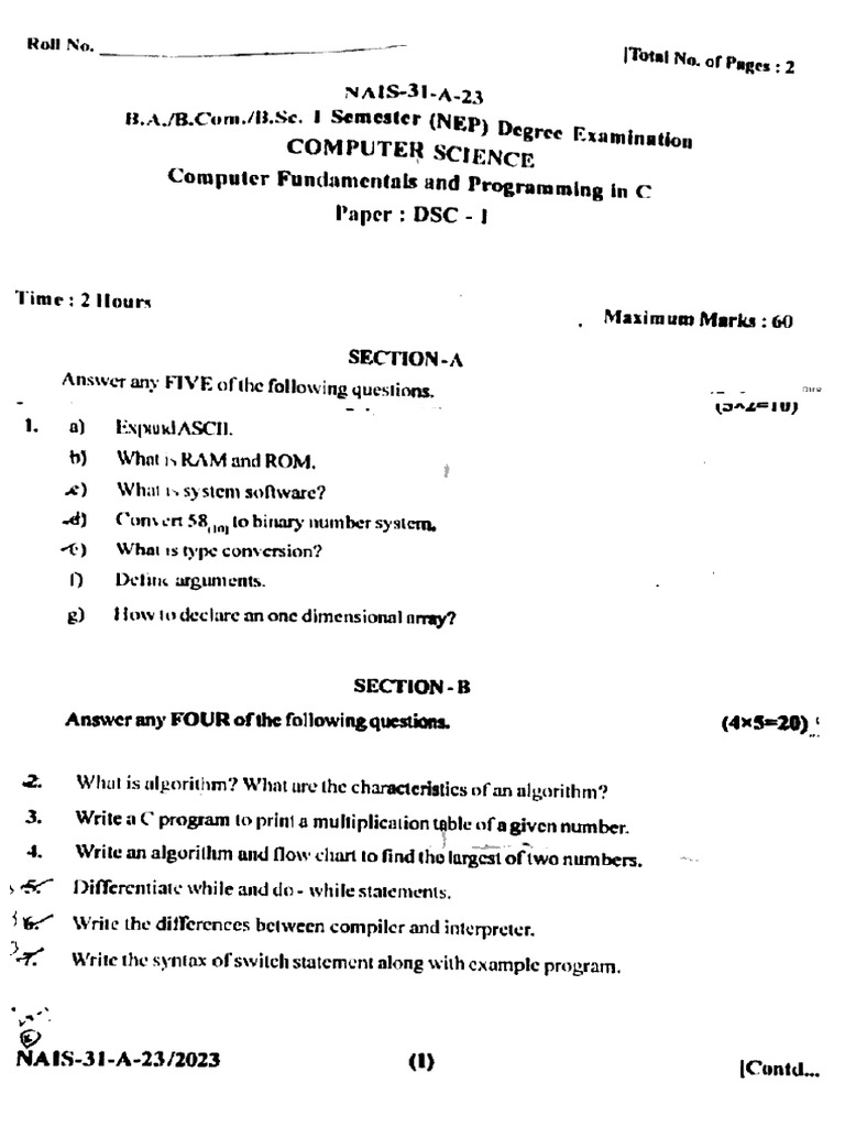 Ba Bcom Bsc 1 Sem Computer Science Computer Fundamentals And Programming In C Nais 31 A 2023 Pdf