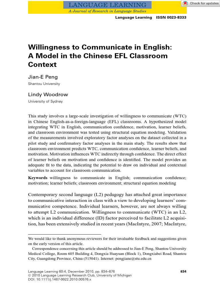 Language Learning - 2010 - Peng - Willingness To Communicate in English A Model in The Chinese ...