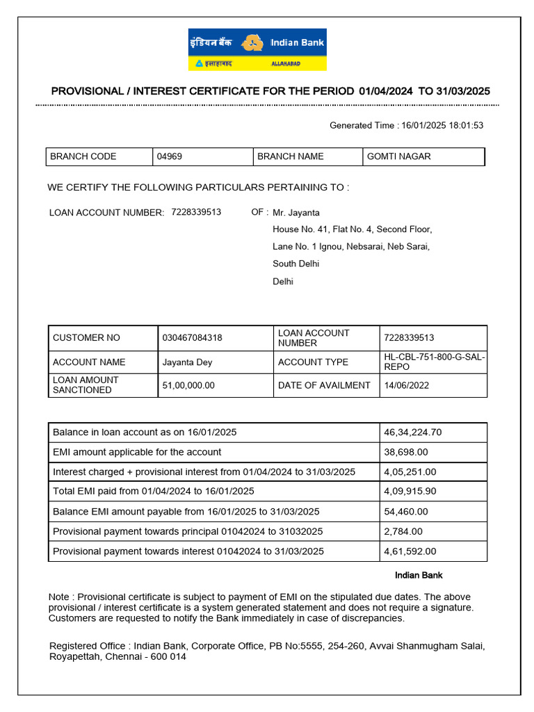 Home Loan Provisional Interest Certificate - 16-01-2025 18 - 02 - 04 | PDF
