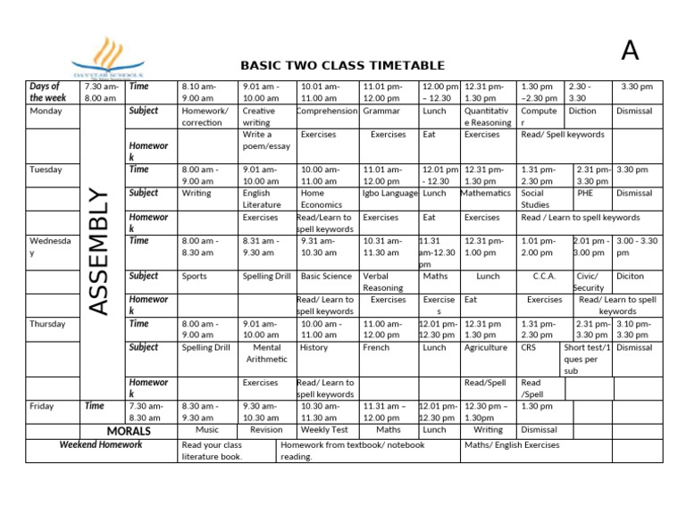 Basic Two Timetable A | PDF | Homework