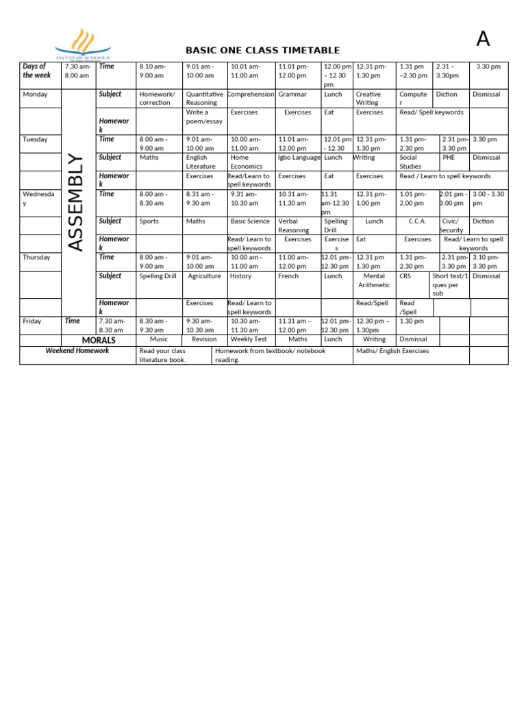 Basic One Timetable A | PDF | Homework | Human Communication