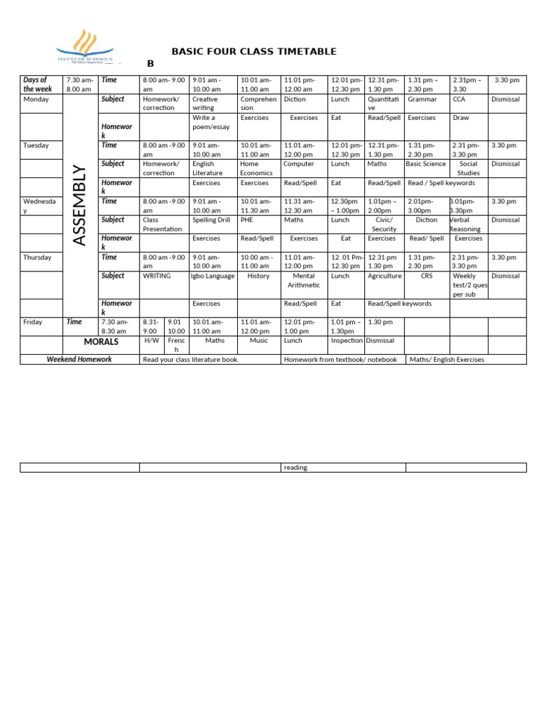 Basic Four Timetable B | PDF | Homework | Human Communication