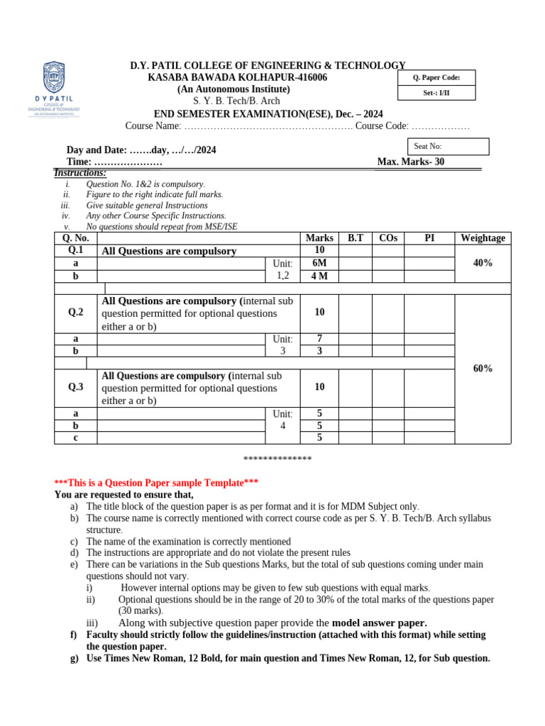 For 30 marks _S.Y _Sample_ QP_Template_SEM V _Set-I - | PDF