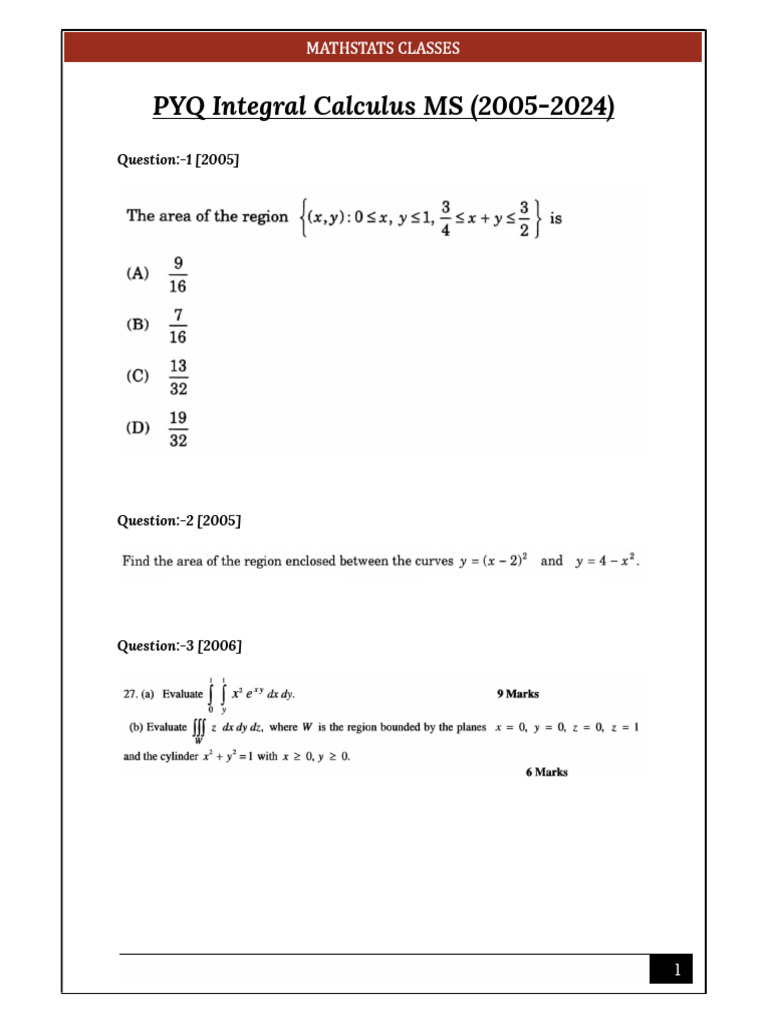 PYQ Integral Calculus MS (2005-2024) | PDF