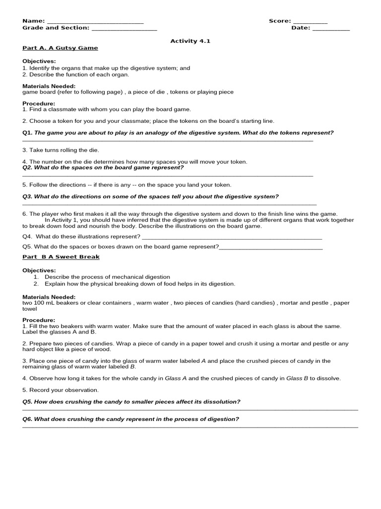 Gutsy Game: Digestive System Activity | PDF