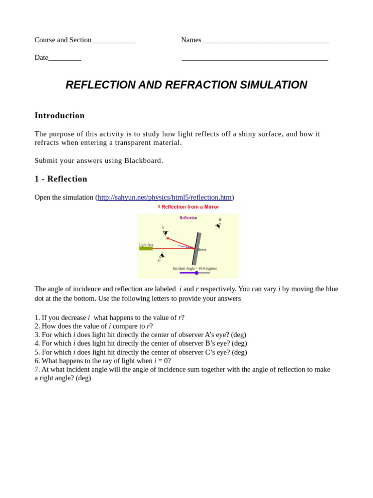 Reflection and Refraction SIM | PDF | Refraction | Refractive Index