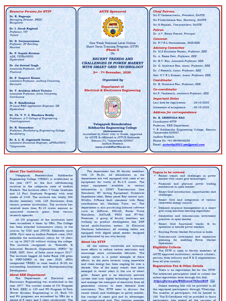 AICTE STTP Brochure VRSEC EEE | PDF | Electrical Grid | Smart Grid