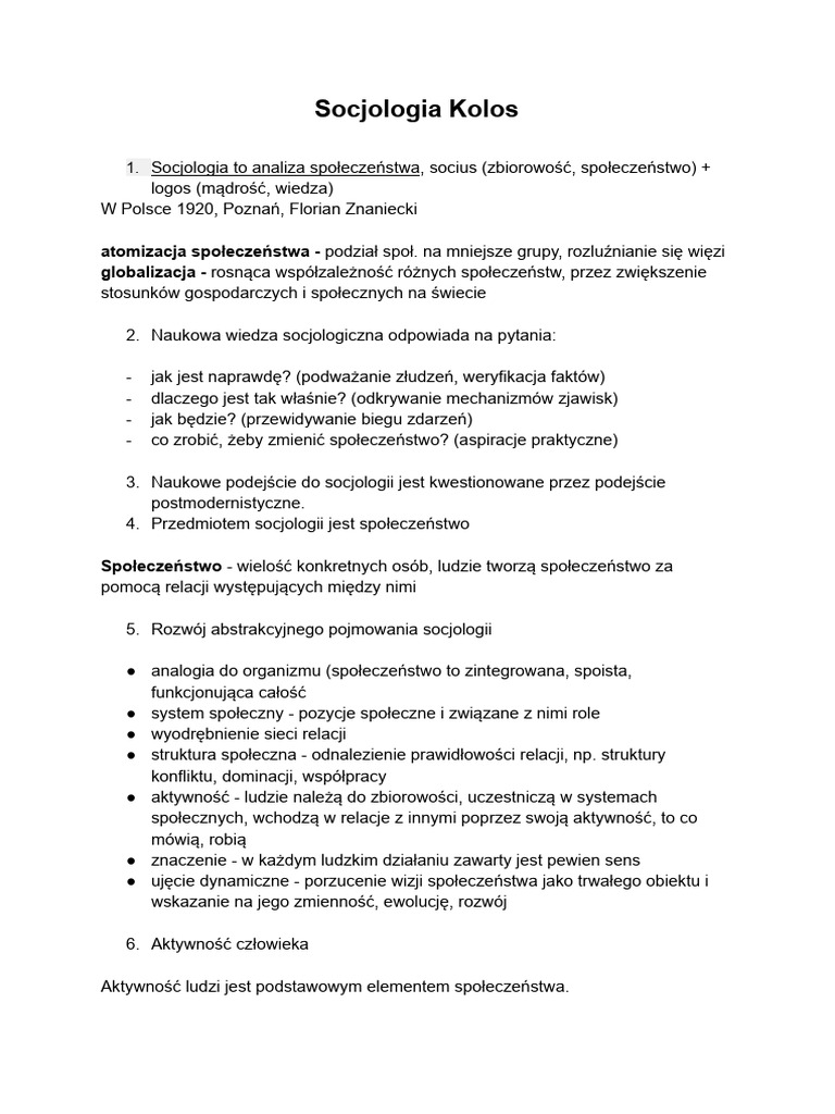 Socjologia Kolos | PDF