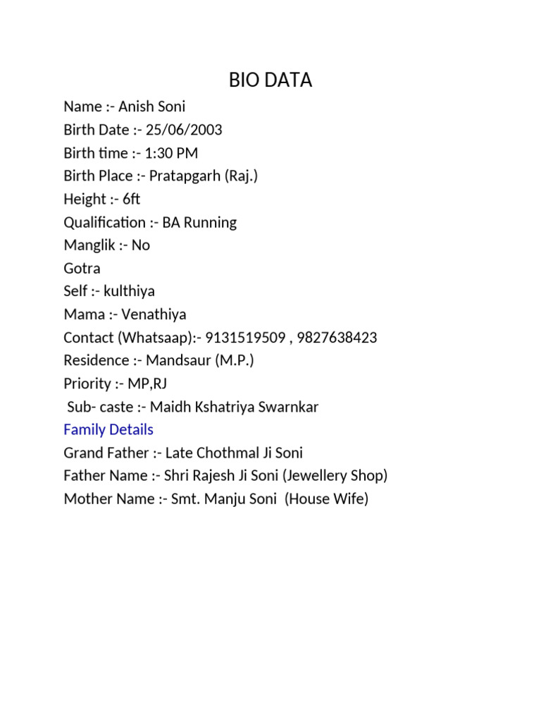 Anish Soni Bio Data Overview | PDF