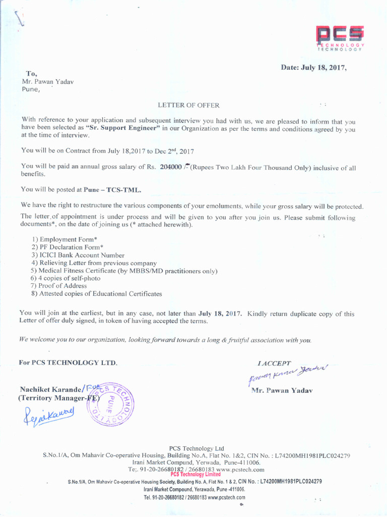 PCS Offer Letter | PDF