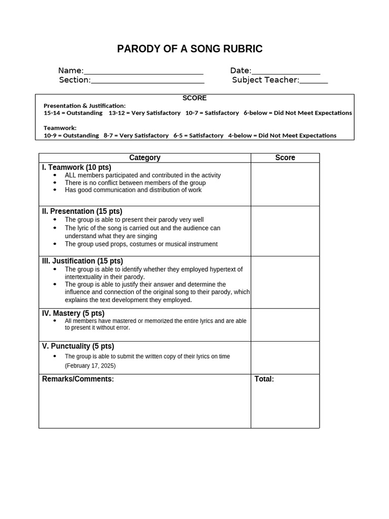 Parody of A Song Rubric | PDF