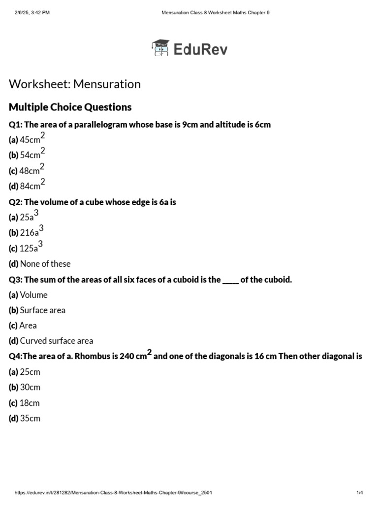 Class 8 Mensuration Worksheet | PDF | Area | Geometric Shapes