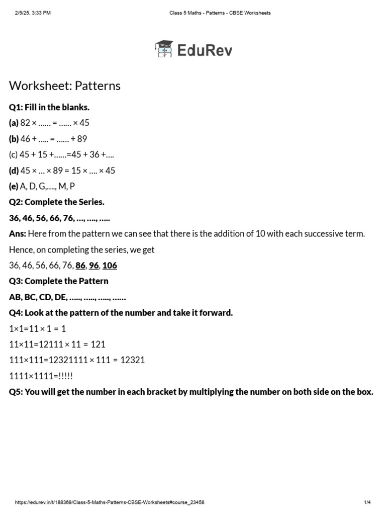 Class 5 Maths - Patterns - CBSE Worksheets | PDF