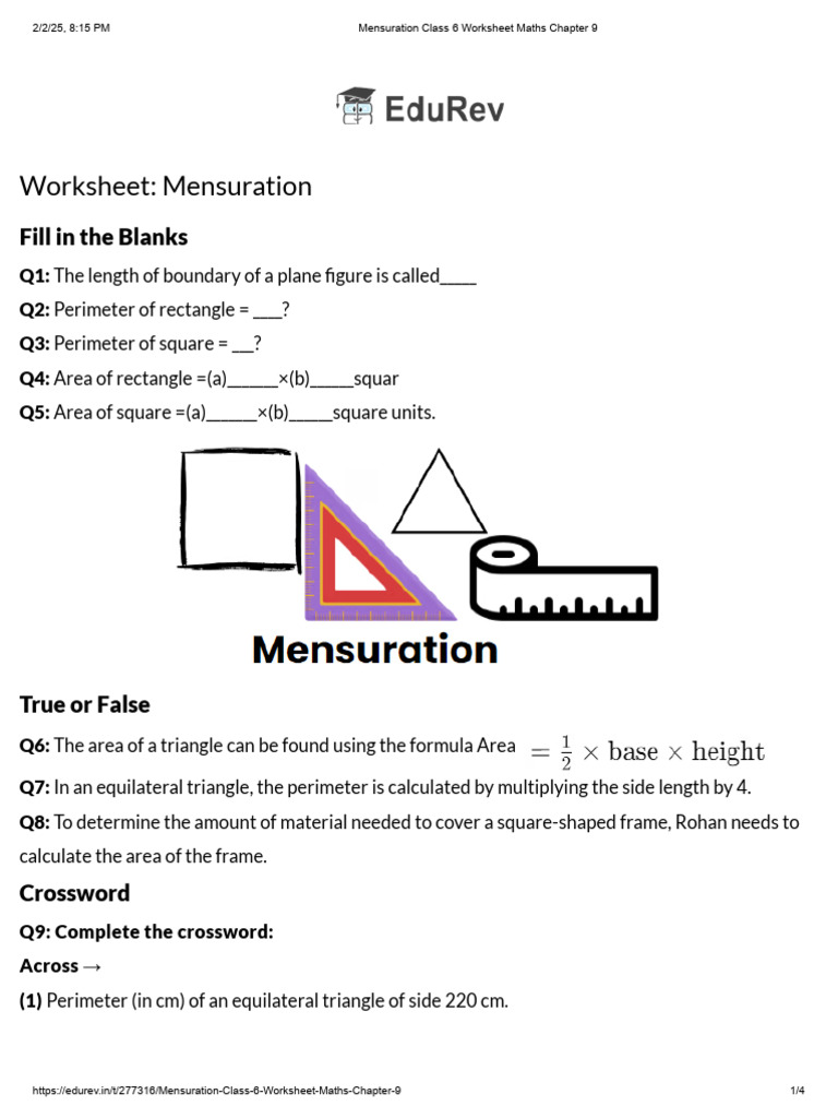 Class 6 Mensuration Worksheet | PDF | Area | Length
