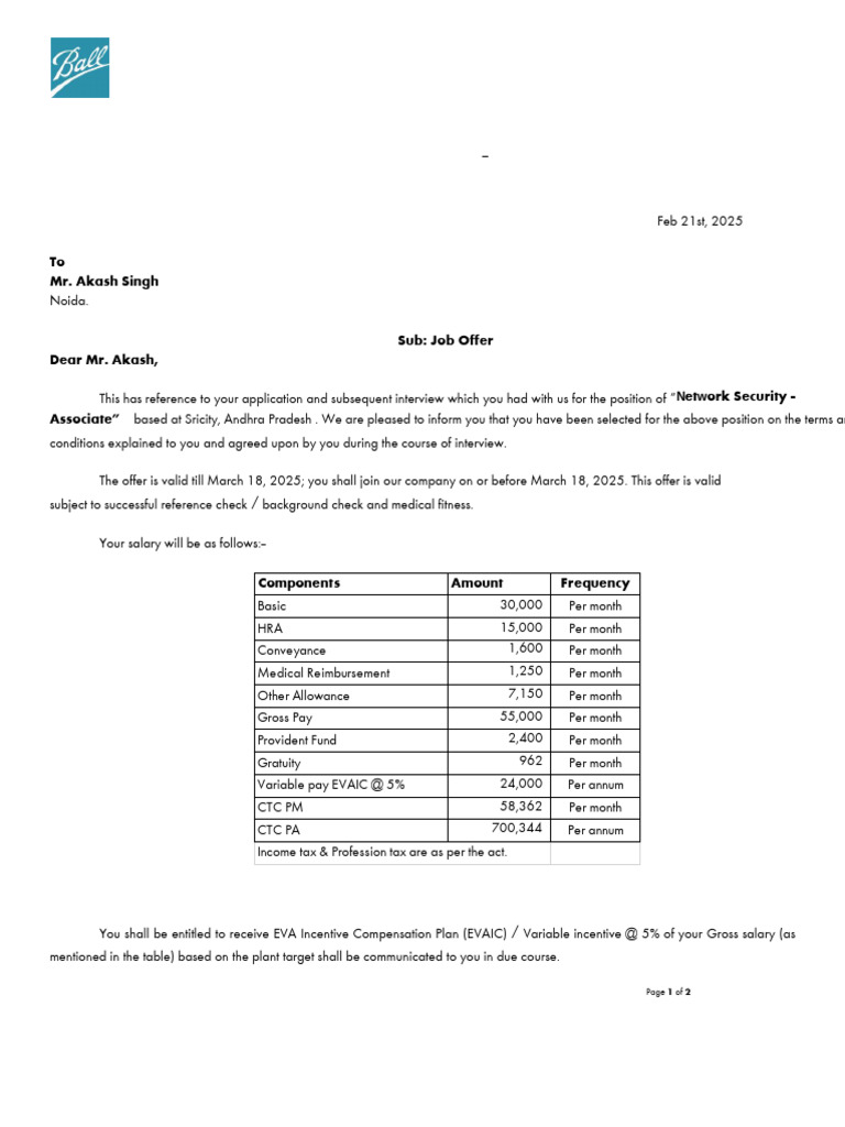 Akash - 454100582 Offer Letter | PDF | Taxes | Government Finances