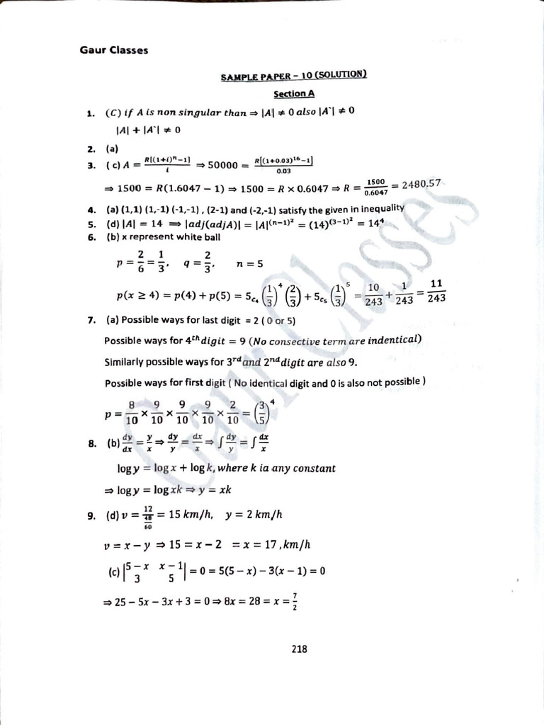 Gaur Classes Sample Paper Solutions | PDF | Mathematical Objects | Algebra