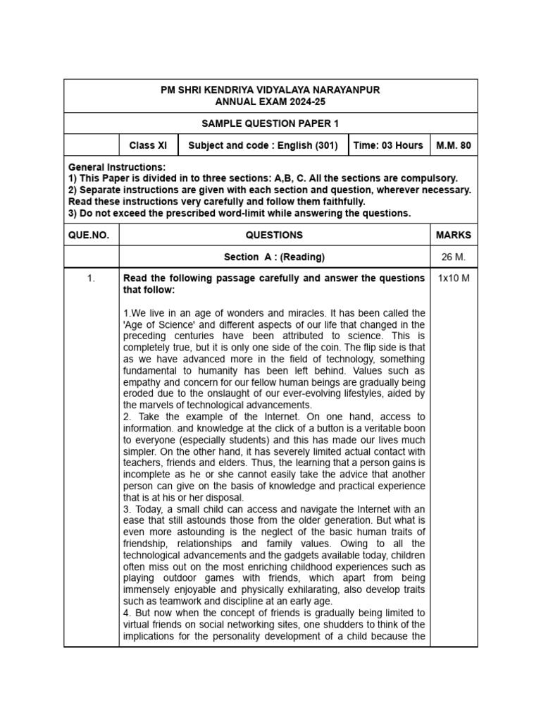 Class XI English Sample Question Paper | PDF