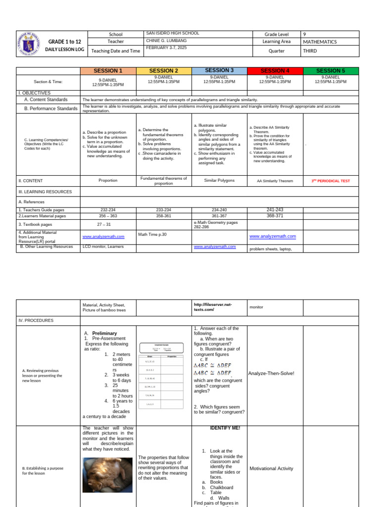 Grade 9 Math Daily Lesson Log | PDF | Triangle | Mathematics