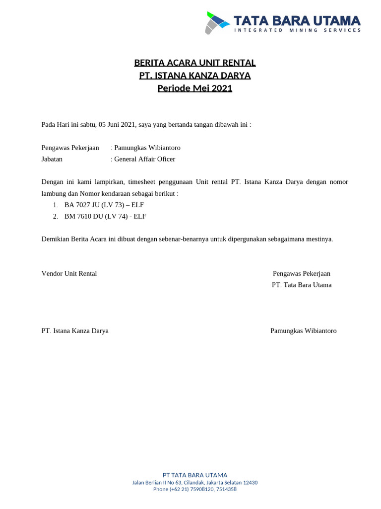 BAST Unit Rental PT. Istana Kaza Darya | PDF