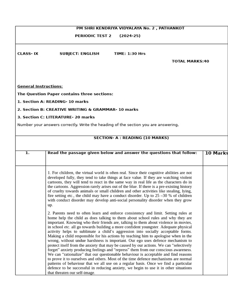 Class IX English Periodic Test 2 Guide | PDF | Anxiety | Psychology