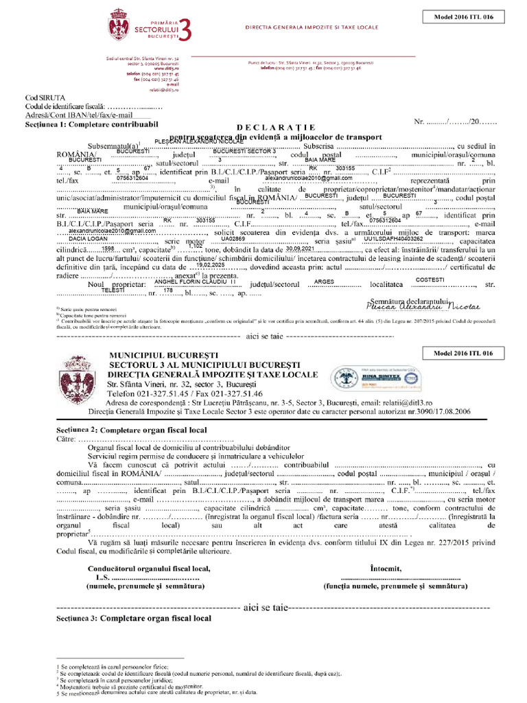 9 Declaratie Pentru Scoaterea Din Evidenta A Mijloacelor de Transpport ...