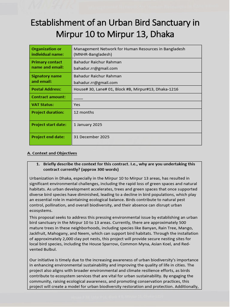 Proposal For Establishment of Urban Bird Sanctuary in | PDF ...