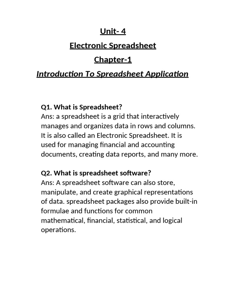 Introduction to Electronic Spreadsheets | PDF | Spreadsheet | Software ...