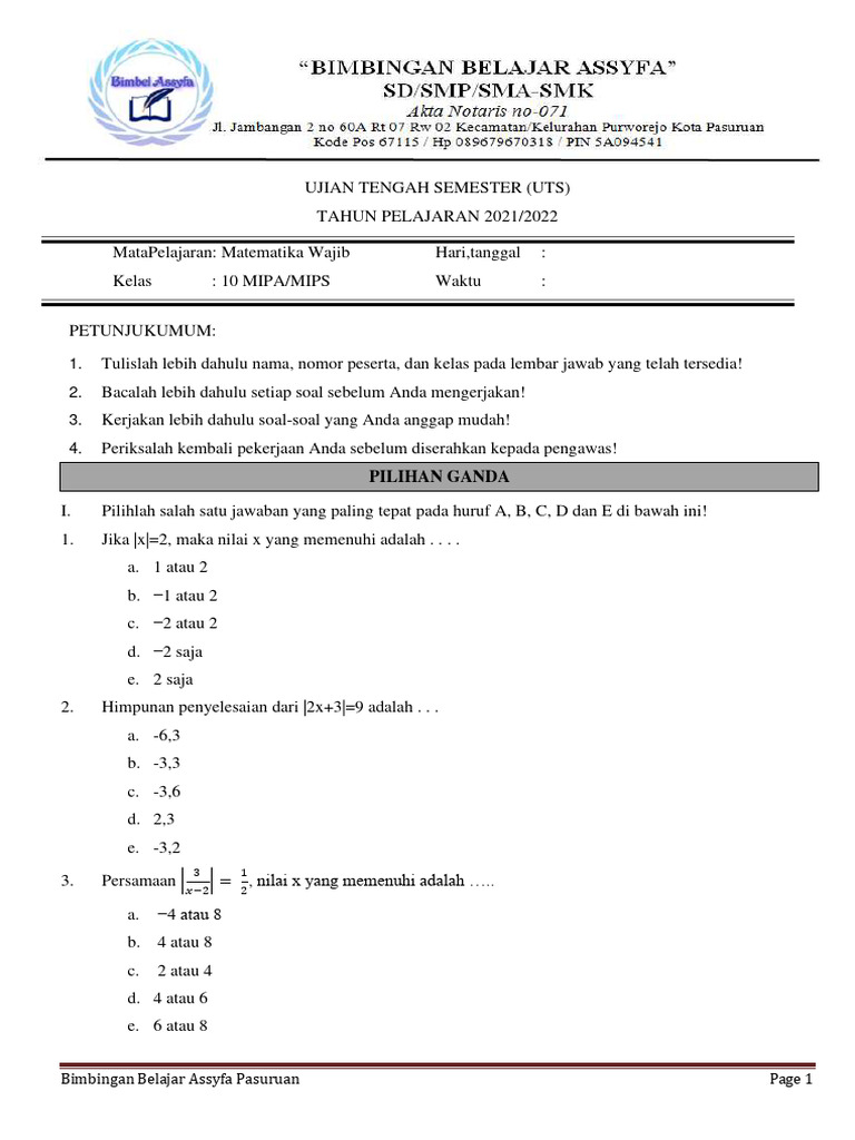 Latihan Soal Matematika Wajib | PDF