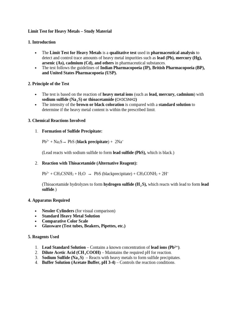 Limit Test for Heavy Metals Overview | PDF | Lead | Buffer Solution