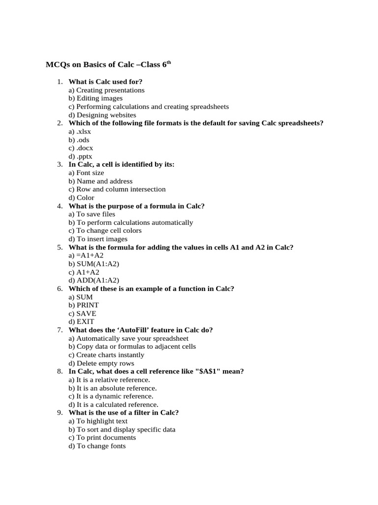 Practice Questions On calc-MCQ | PDF | Spreadsheet | Computing