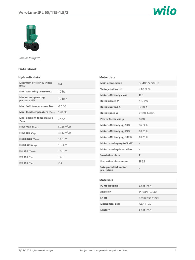 Wilo Datasheet - International - en - 2121218 - Veroline Ipl 65 115 1 5 ...