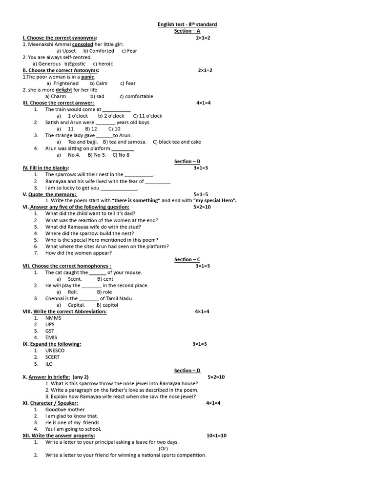 8th Standard English Test | PDF