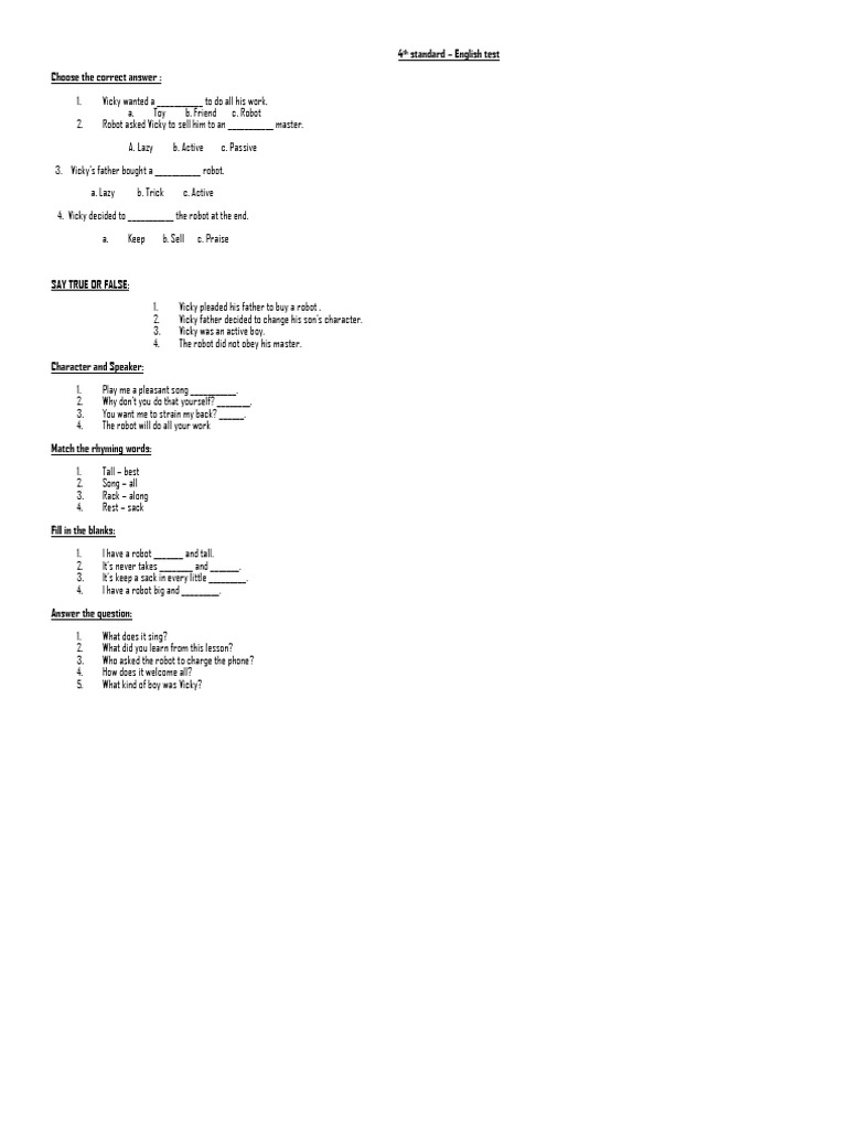 4th Standard English Test | PDF
