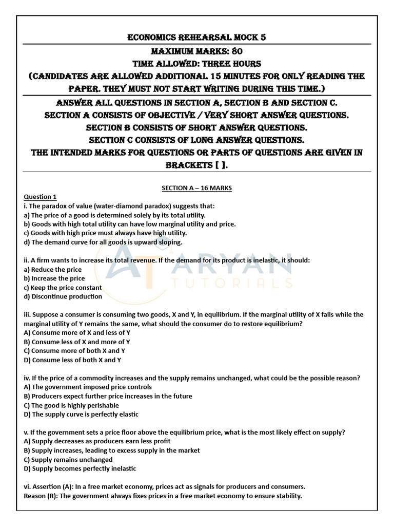 Economics Mock Exam Questions Guide | PDF | Supply (Economics ...