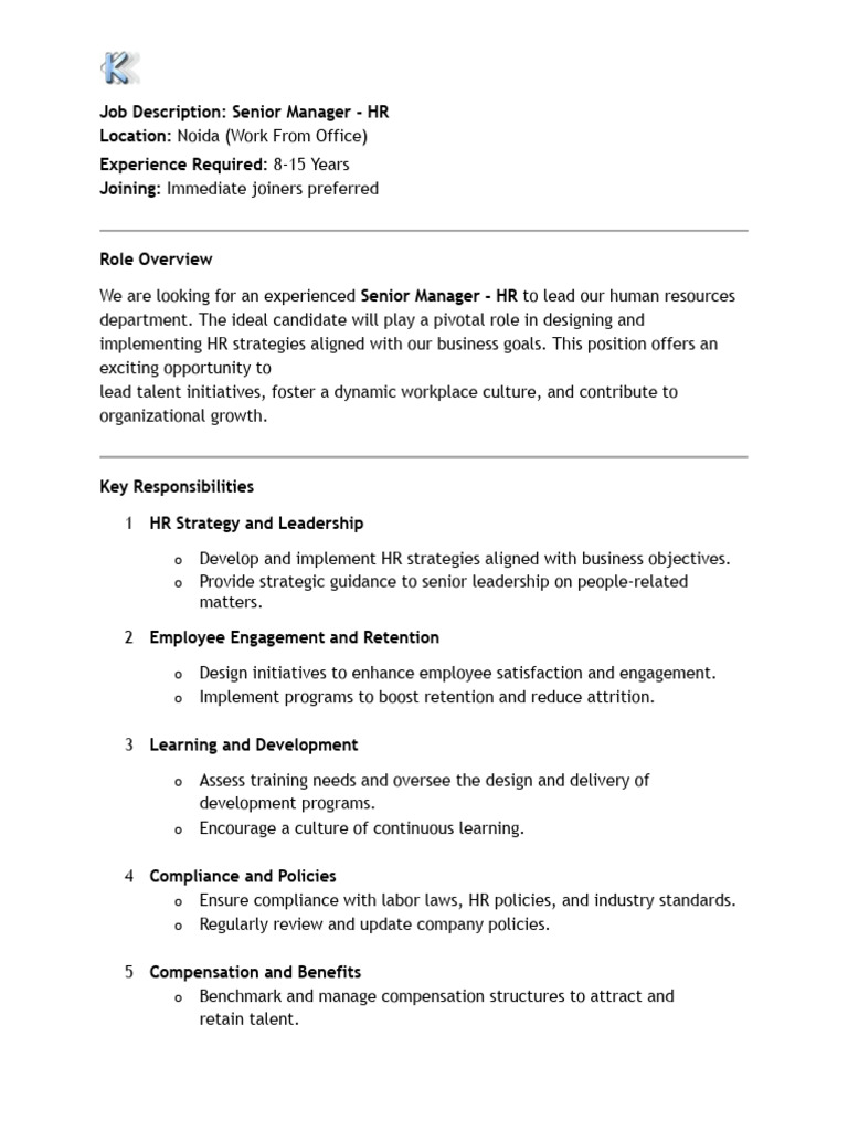JD - Senior Manager - HR - KSPL | PDF