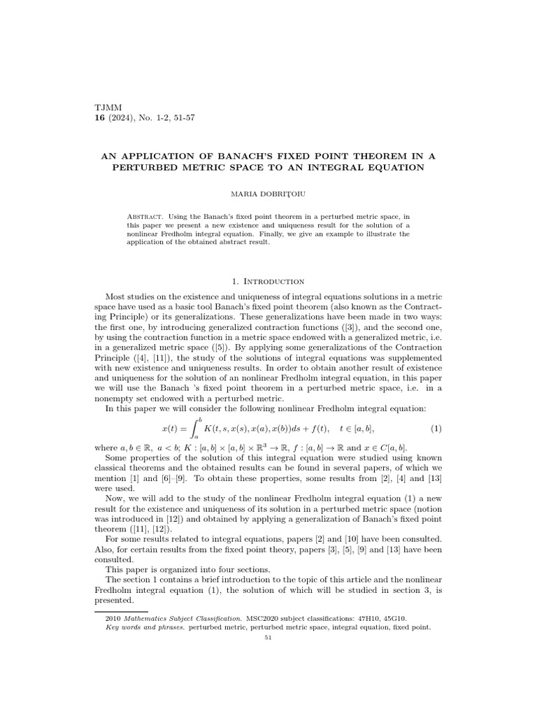 An Application of Banach's Fixed Point Theorem in A | PDF | Integral ...